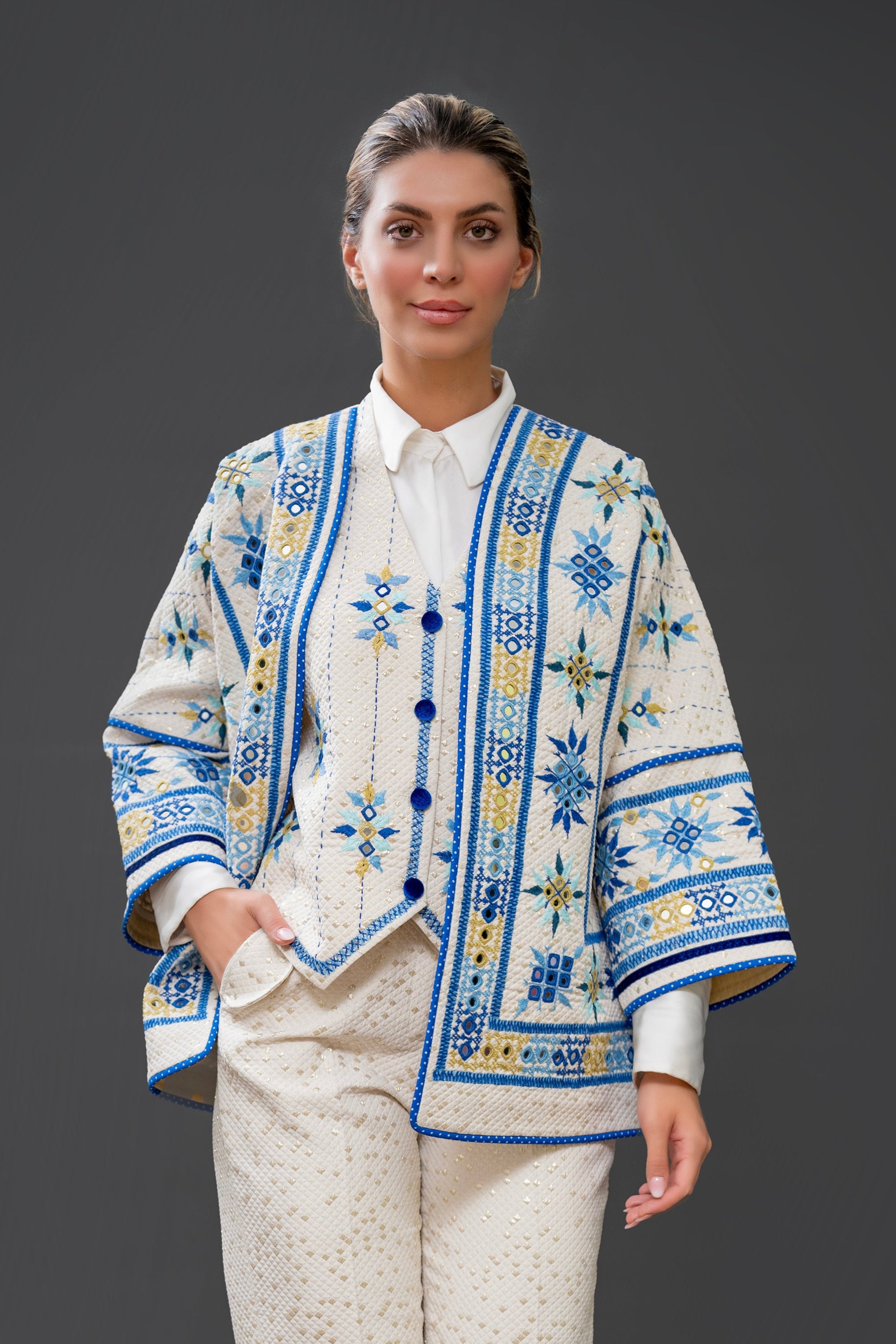 White & Blue Embroidered Open-front Jacket – Alana Couture